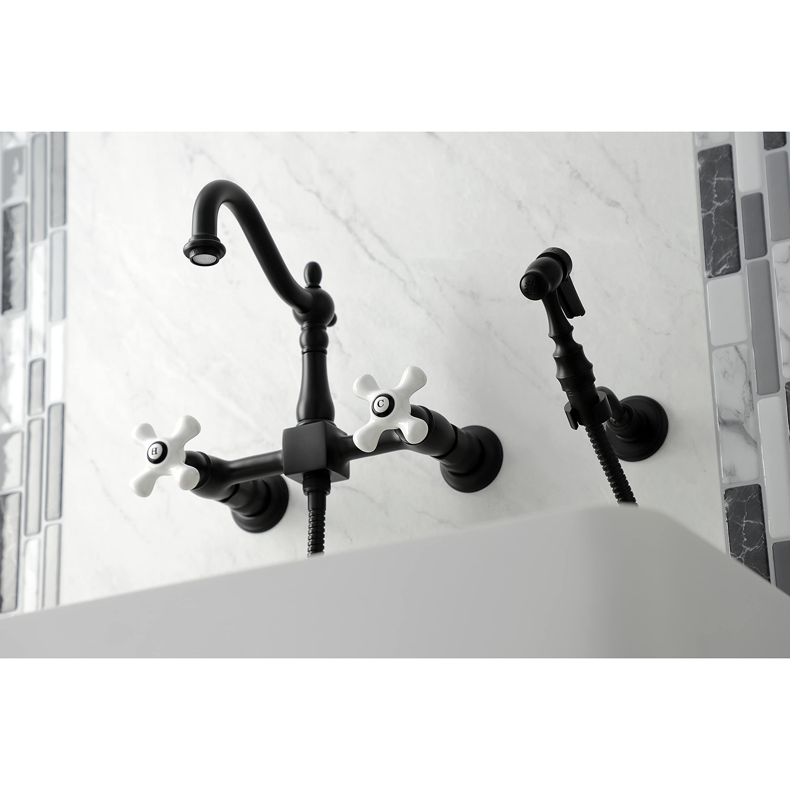 Kingston Brass KS1260PXBS Heritage Wall Mount Bridge Kitchen Faucet Sprayer, Polished Brass