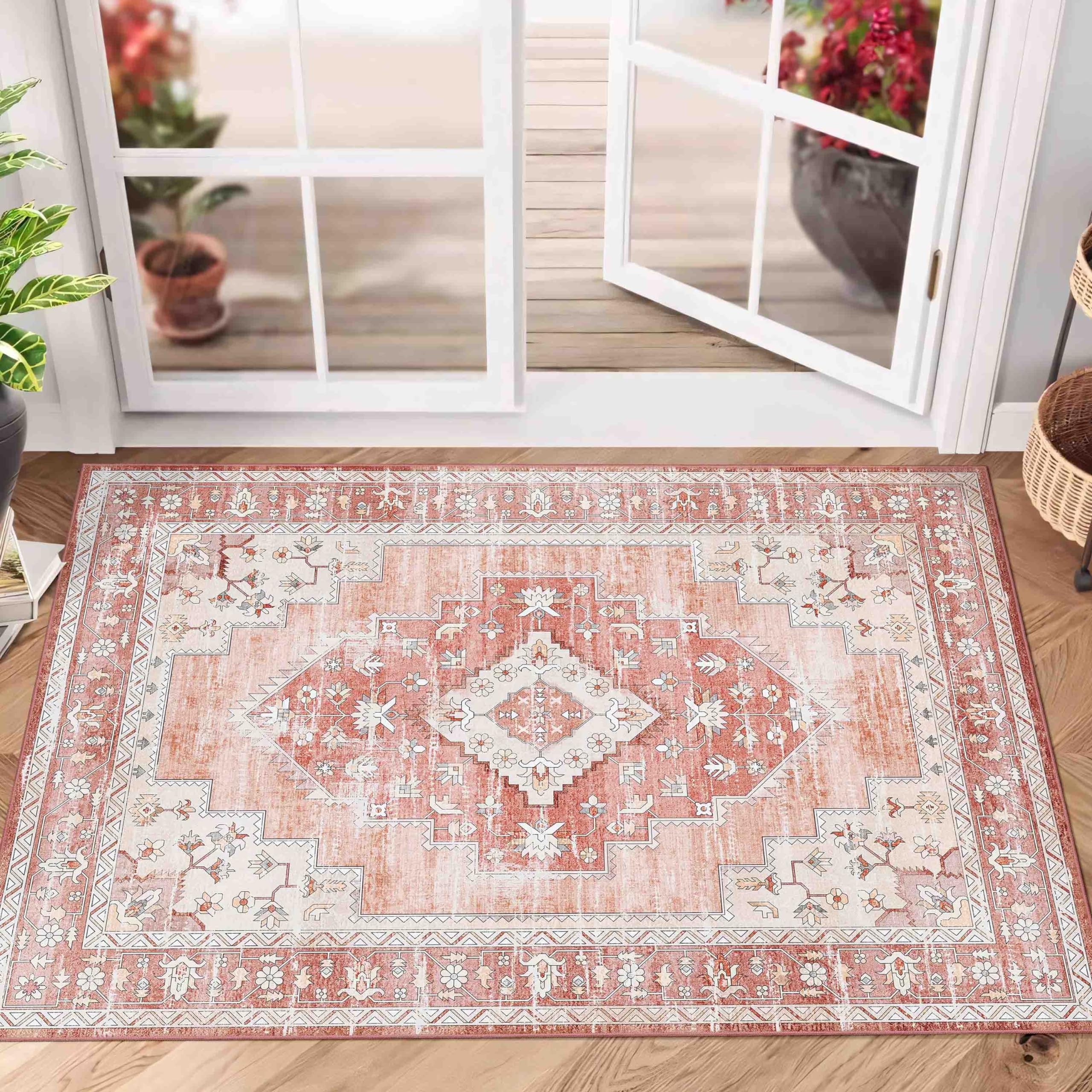 FOFARY Small Area Rug 2x3,Boho Pink Washable Rug for Bathroom Entryway Kitchen Laundry Room Hallway,Soft Non Slip Rugs,Vintage Oriental Retro Floor Carpet