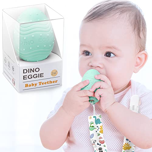 Dinosaur Egg Baby Teething Toy Teether Rattle, Made with 100% Food-Grade Silicone for Infant Boys Girls 2m+ (Mint)