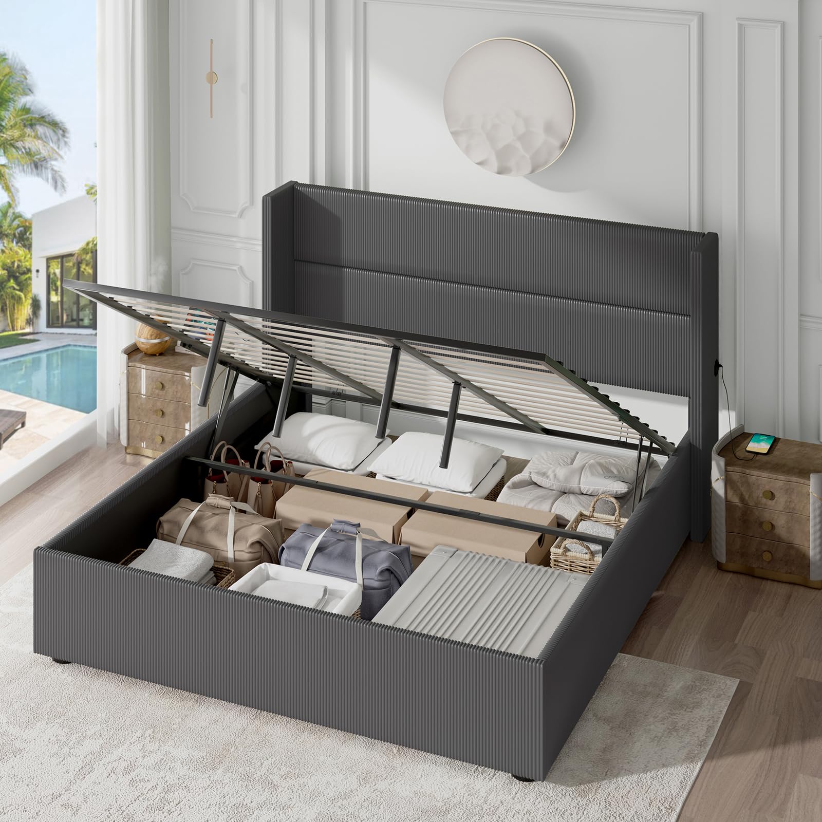 EcoHarbor Lift up Storage Bed Queen with 2 Charging Stations Underneath Corduroy Upholstered Wingback Headboard Hydraulic Bed Frame Queen Size with Storage Noise-Free/No Box Spring Needed (Cream)