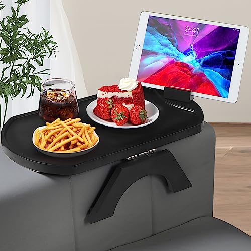 Lengthened Upgrade 17.7x9.8 Couch Arm Table Tray for Sofa, Center Console Armrest Clip Table for Car, Wooden, Foldable, Large Space for Eat/Drink/Snack/Remote Control, with 360° Rotating Phone Holder