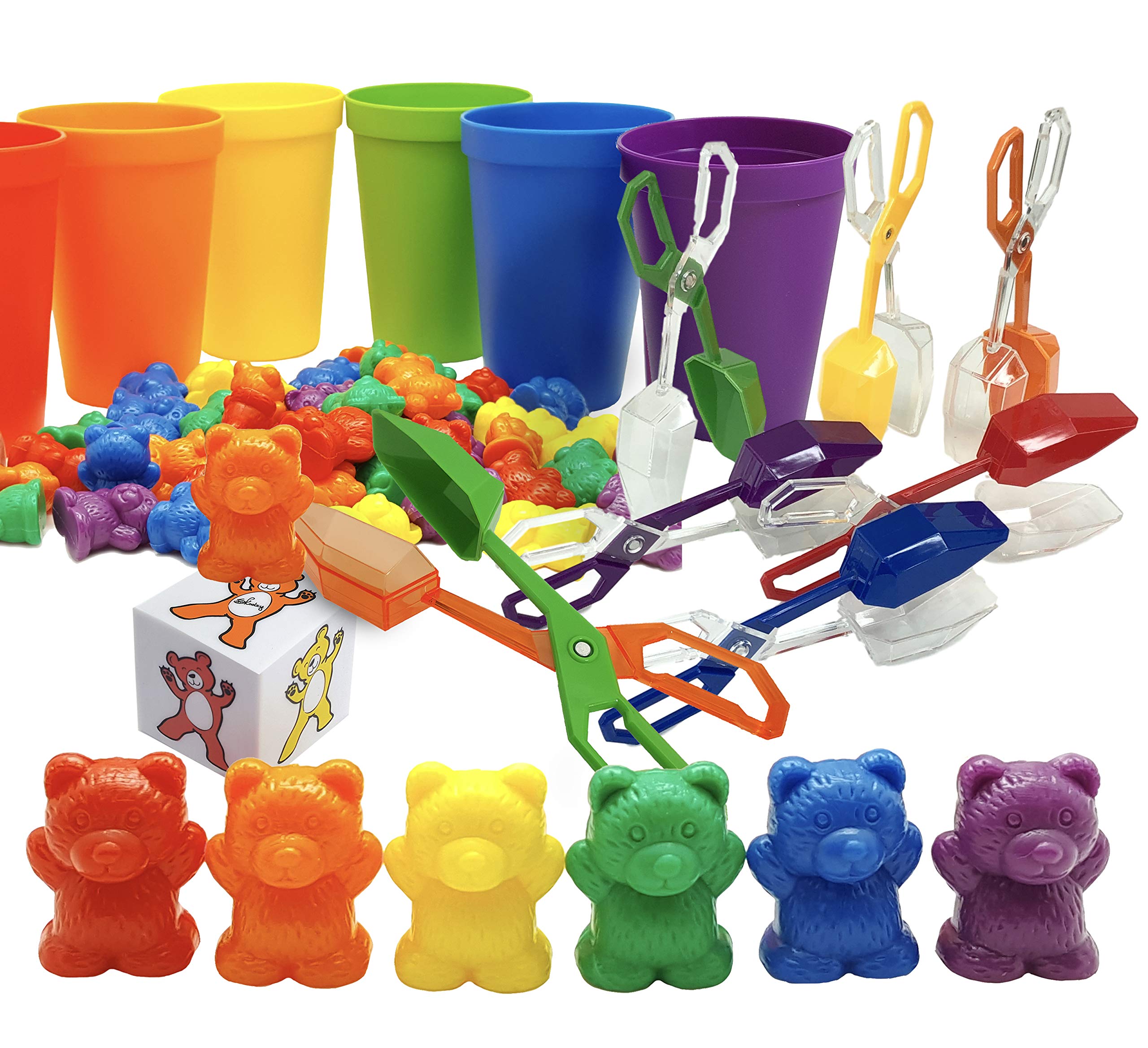 Skoolzy Color Sorting Bears, Matching Cups & Rainbow Fine Motor Tongs with Dice - 76pc - Preschool Learning Toys for 3 Year Olds +