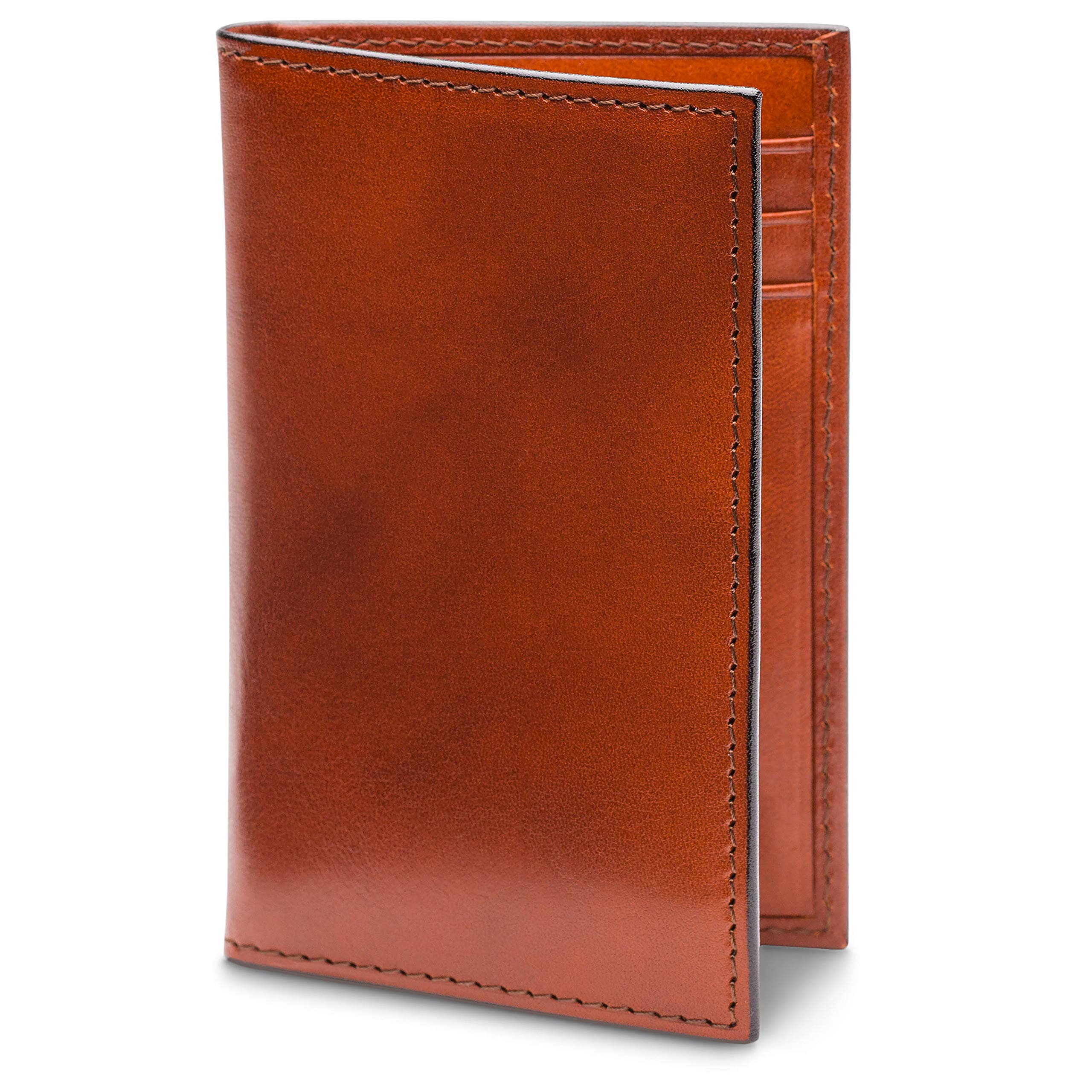 Bosca Men's Leather Card Holder Wallet – Italian Full Grain Vegetable Tanned Credit Card Case – 6 Card Slots, 2 Receipt Wells – Classic Glossy Finish – Gift-Ready Packaging - Amber Brown