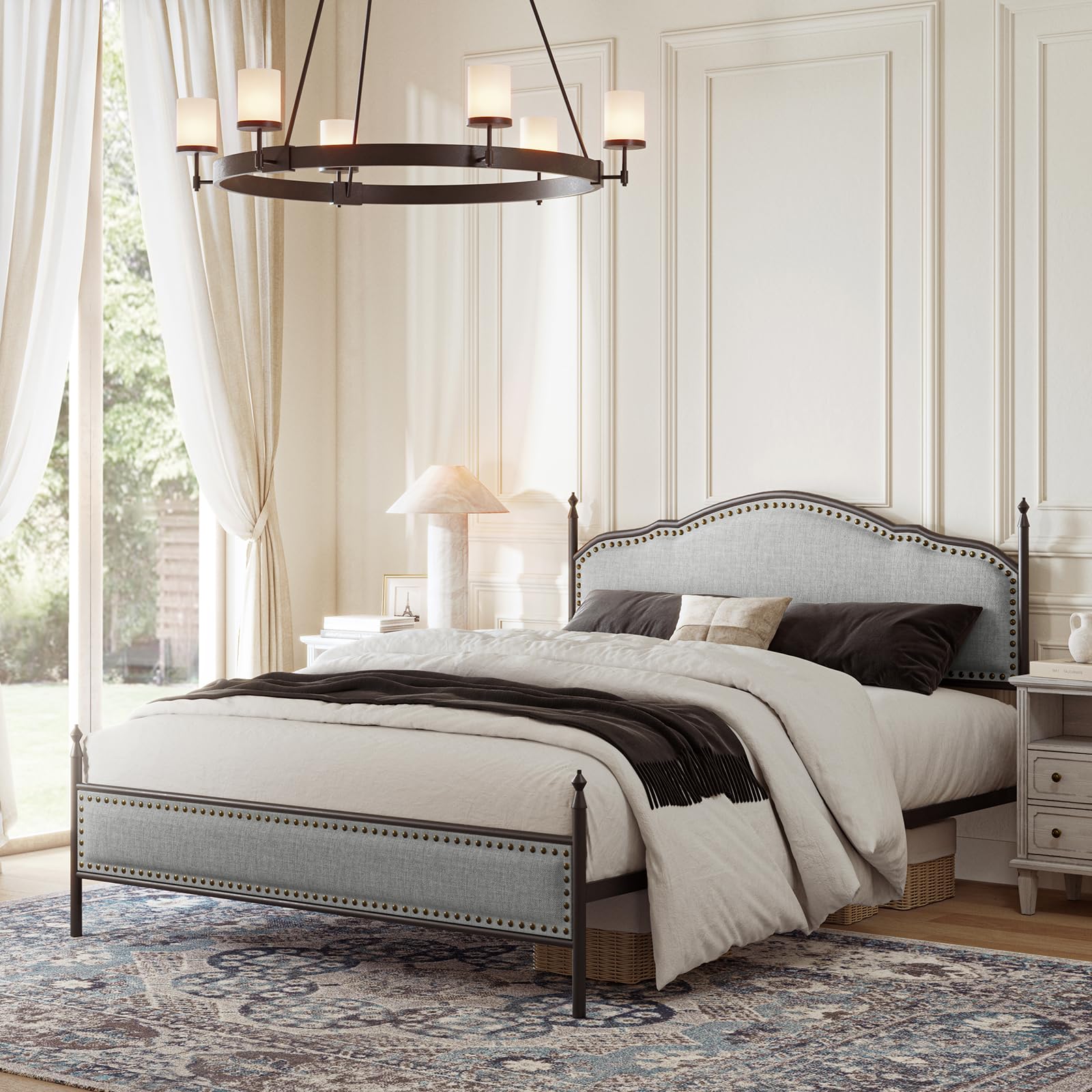 EcoHarbor Queen Bed Frame with Headboard, Farmhouse Metal Platform Bed Linen Upholstered Bed Frame with Strong Wood Slats Support, No Box Spring Needed/Easy Assembly/Noise Free/Non-Slip (Beige)