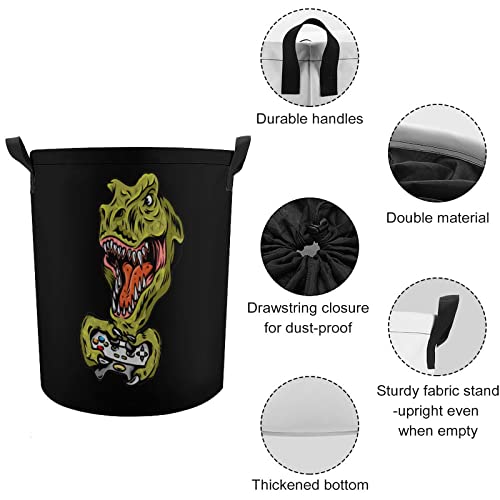 Dinosaur Gamer Which Play Game Laundry Basket Round Collapsible Storage Bin with Drawstring and Handle for Bedroom Bathroom Toys Room 17.3" X 13.8"