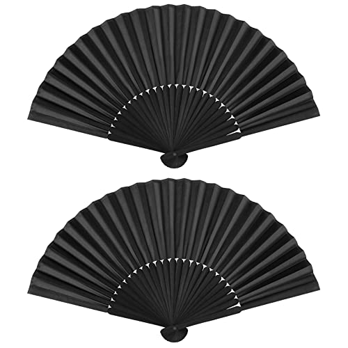 Minelife 2 Pack Bamboo Silk Folding Fan Handheld, Chinese Vintage Retro Fabric Fans, Black Hand Fan for Performance, Dance, Fighting, Wedding, Church, Party & Gift