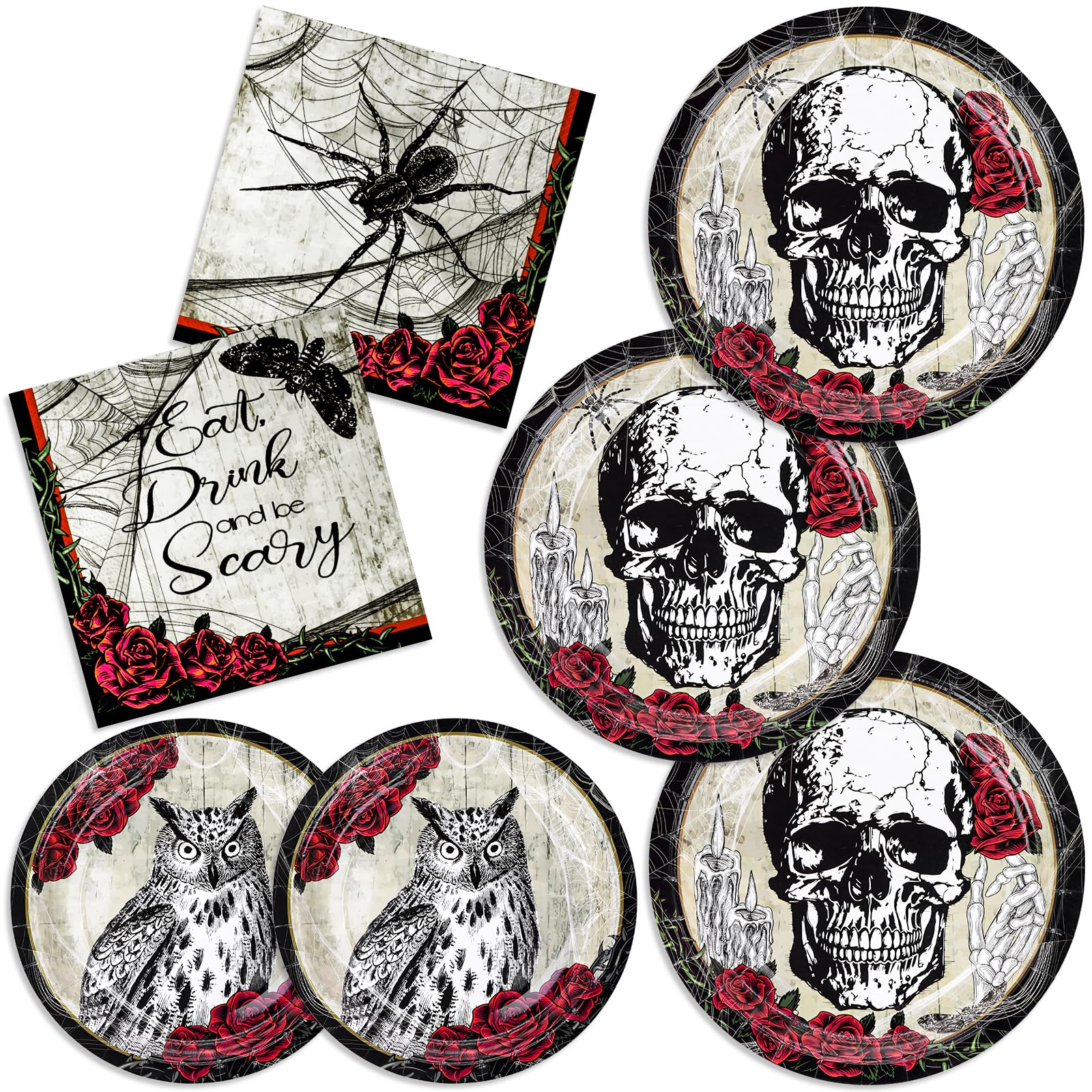 ECOHOLA Spooky Halloween Dinnerware Party Supplies, 9" Dinner Plates, 7" Dessert Plates, 6.5” Luncheon Napkins, Dark Spider Skull Owl Vintage Roses Halloween Decoration Set, Serves 50