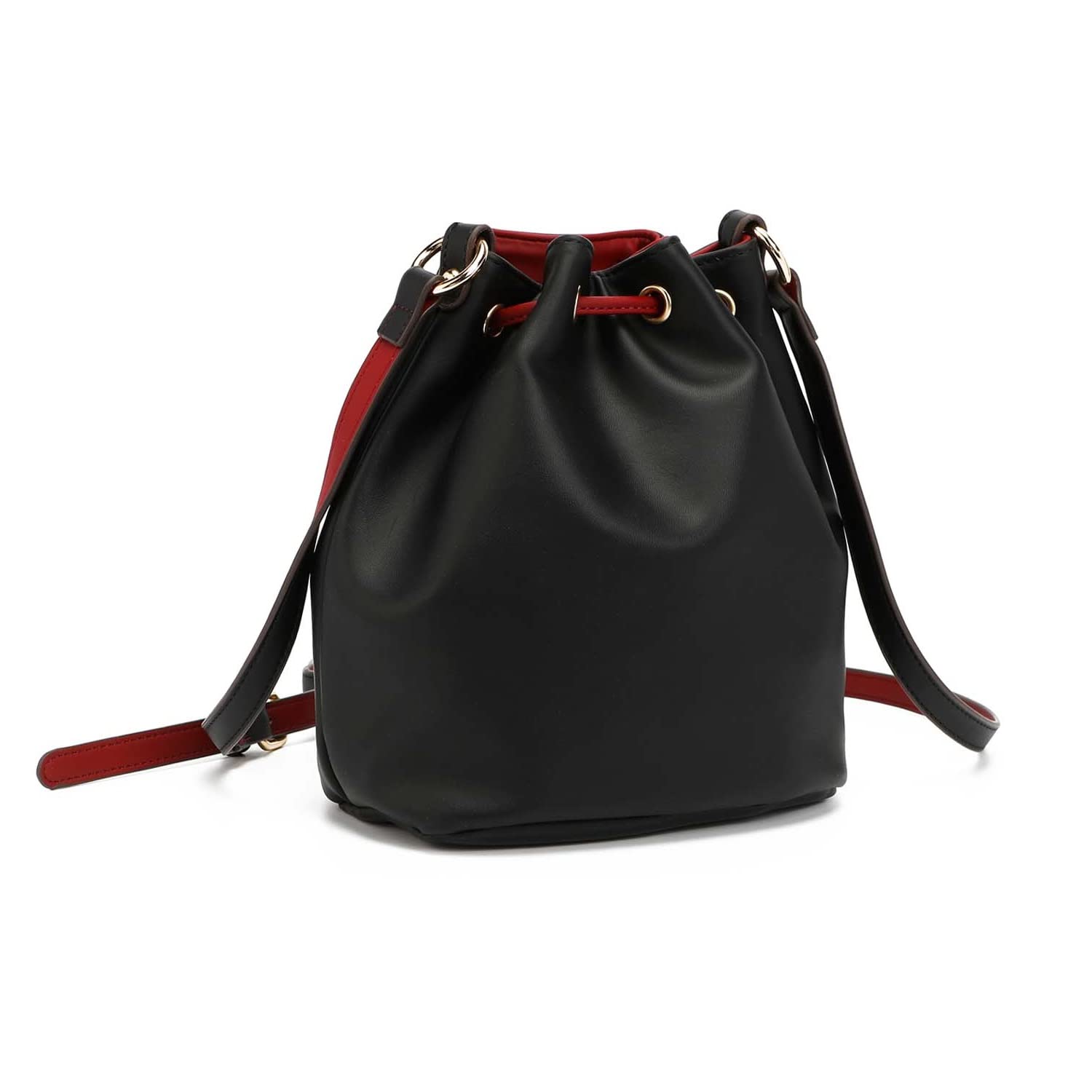 DESTINY BY NICOLE LEE Bucket Bag with Adjustable Shoulder Strap Drawstring Closure Fashion Handbag Eco Leather for Women NK12323 Black