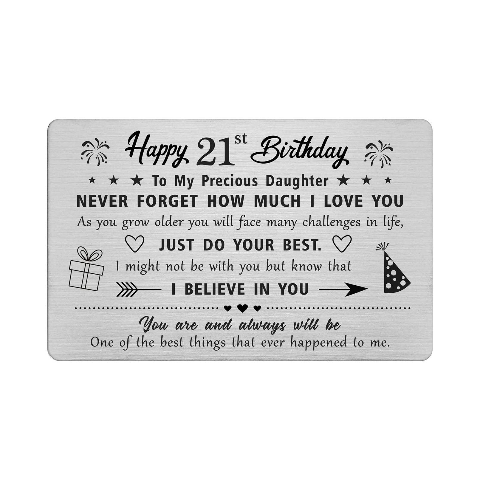 FALOGIJE 21st Birthday Card Gifts for Daughter, Birthday Gifts for 21 Year Old Daughter, Engraved Metal Wallet Card