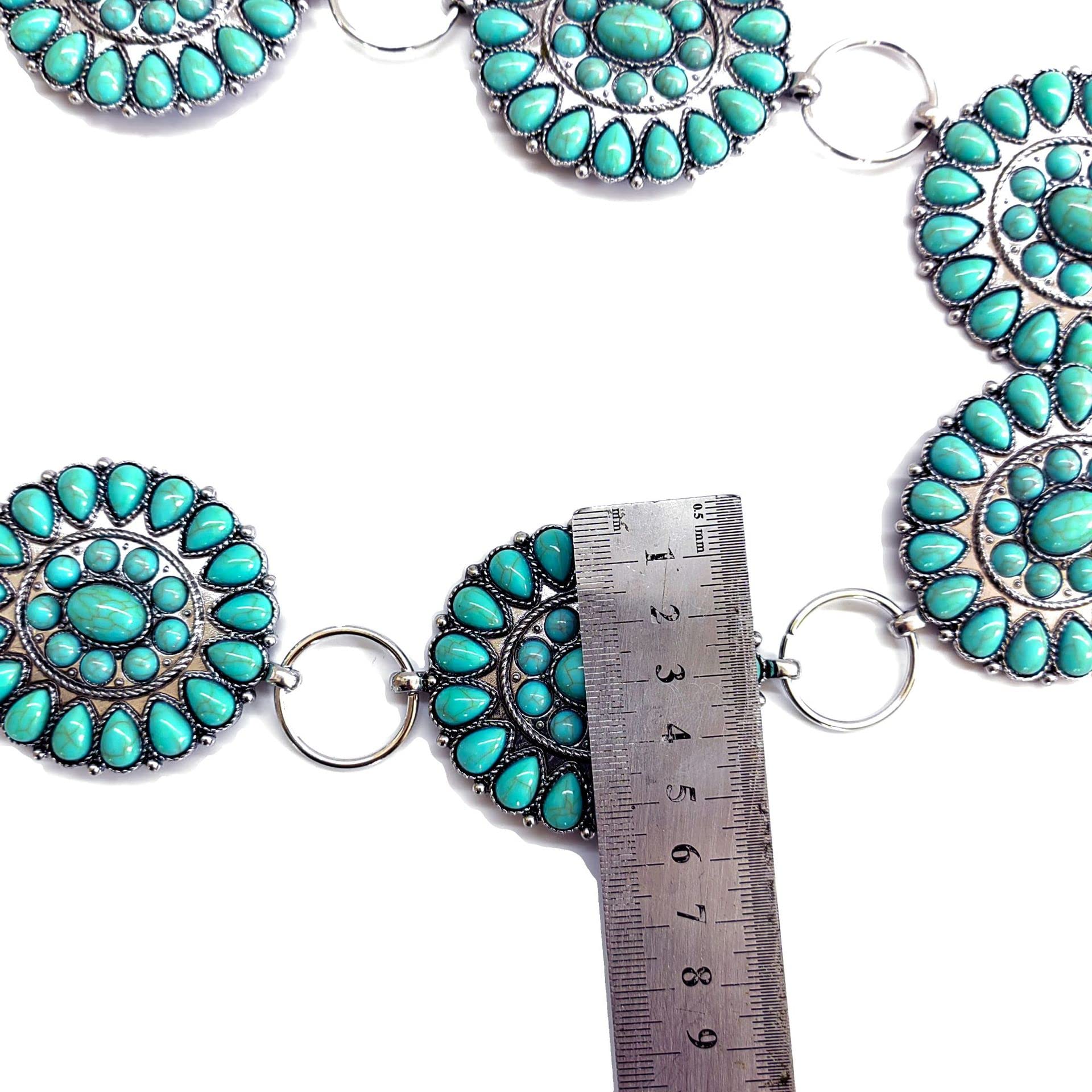 CNBOME Women's Western Cowgirl Turquoise Stone Concho Metal Chain Belt 4 sizes S/M/L/XL (Jade, Large)