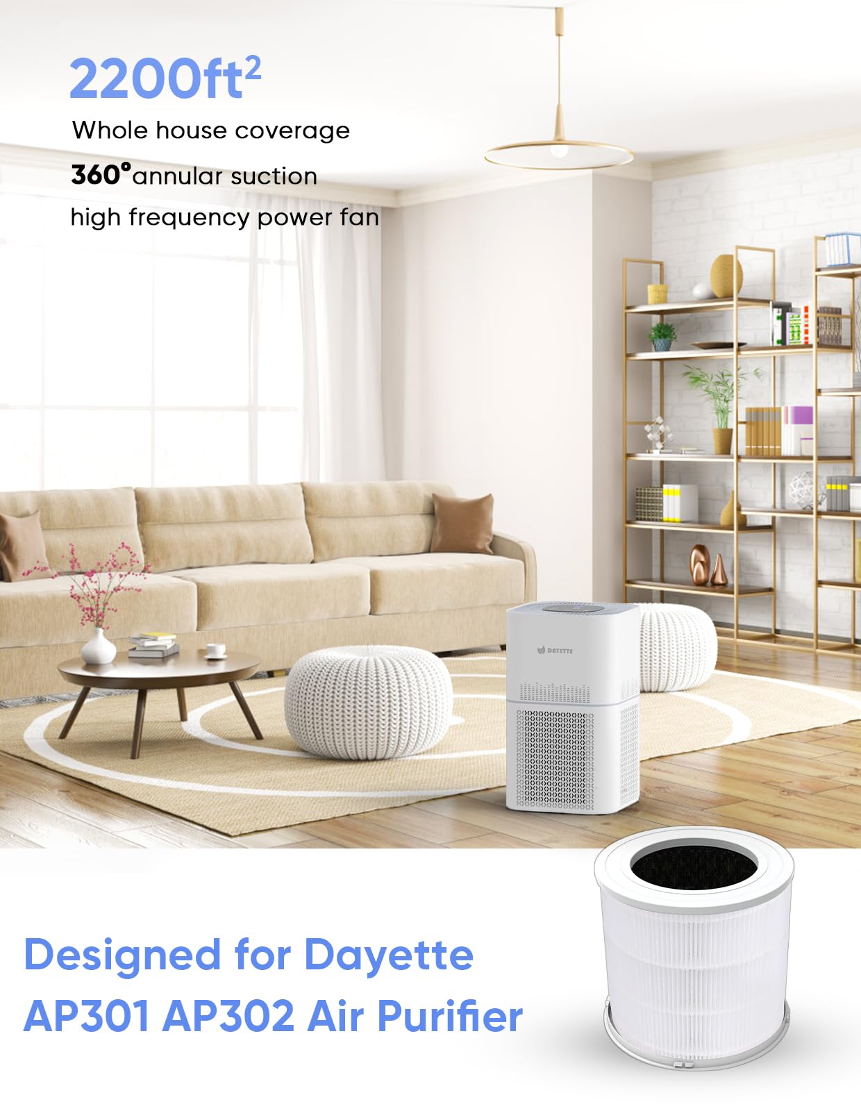 DAYETTE AP301 AP302 Replacement H13 HEPA Air Purifier Filter, Original Filter