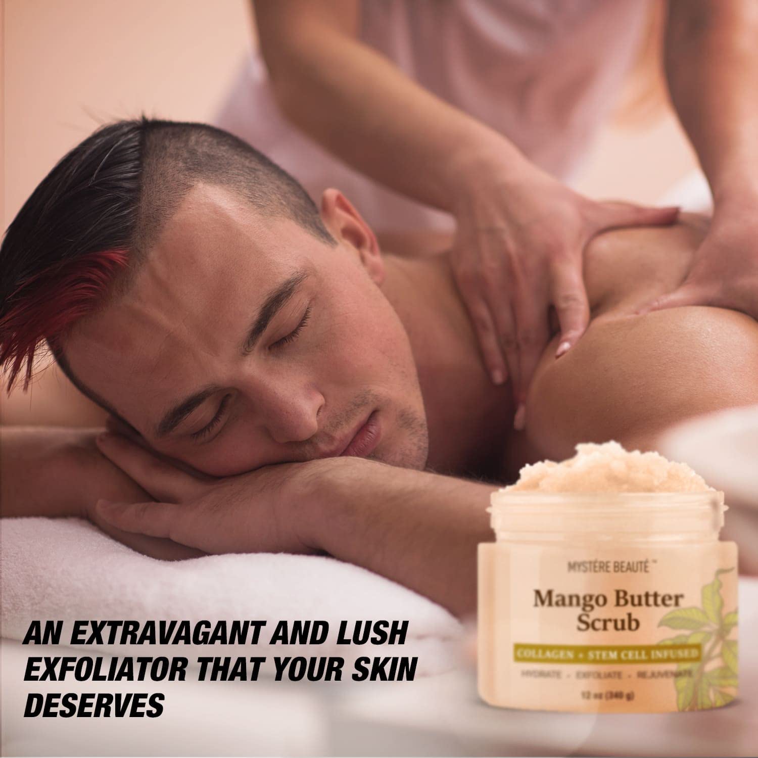 Mango Butter Body Scrub with Collagen and Stem Cells 12 oz - Exfoliating Salt Scrub for Cellulite - Deep Cleansing for Acne, Scars, Wrinkles - Moisturizes Skin