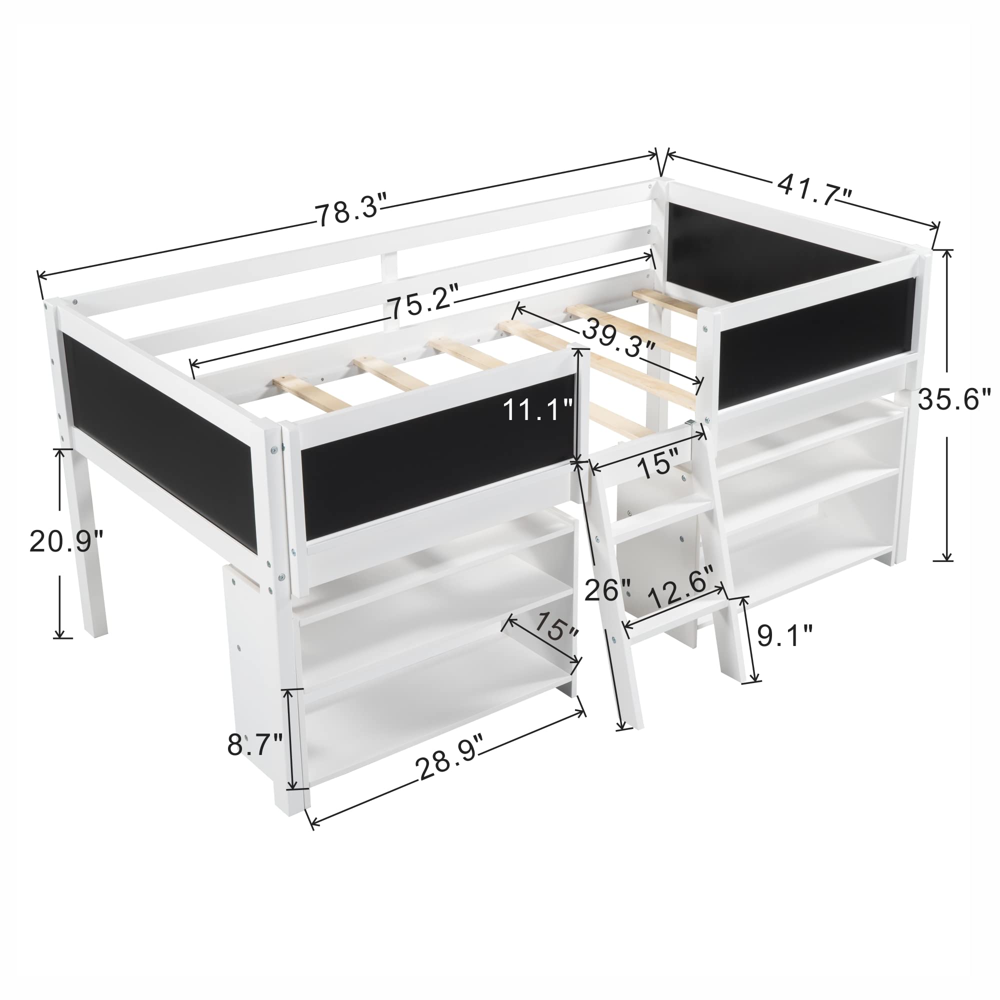 Harper & Bright Designs Kids Low Loft Bed with 2 Movable Storage Shelves, Twin Loft Bed Frame with Chalkboard and Ladder, Multifunctional Loft Bed for Kids Boys&Girls No Box Spring Needed (White)
