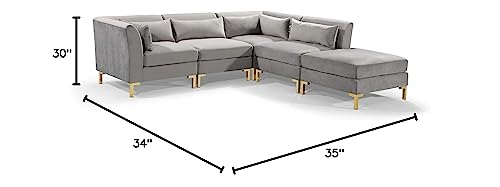 Iconic Home FSA9258-AN Girardi Modular Chaise Sectional Sofa Velvet Upholstered Solid Gold Tone Metal Y-Leg with 6 Throw Pillows Modern Contemporary, Grey