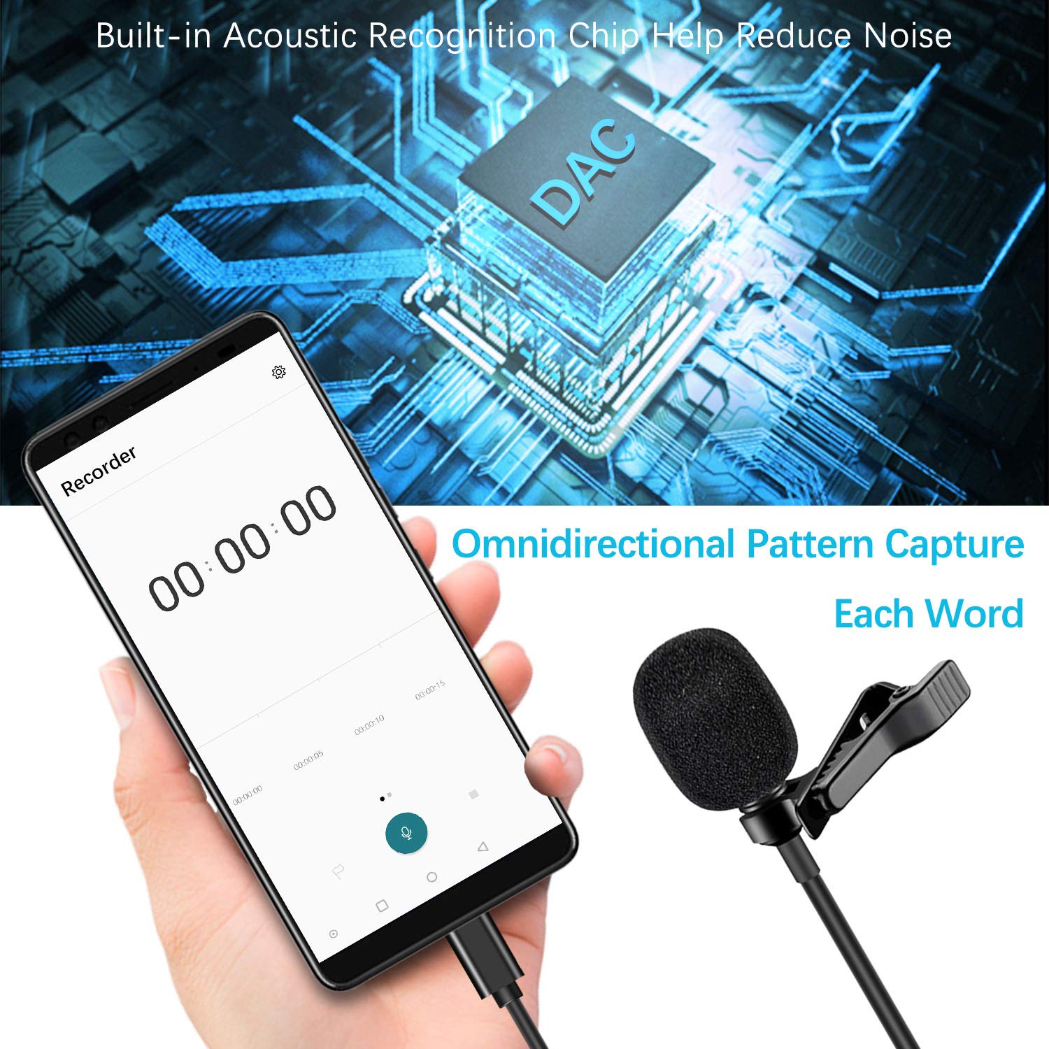 IUKUS USB Type C Lavalier Lapel Microphone,[DAC Chip] Professional Omnidirectional USB-C Lavalier Microphone with Easy Clip On System Compatible with IP@d Pro 2018 2019 Go0gle Pixel 2 3 XL M0to Z