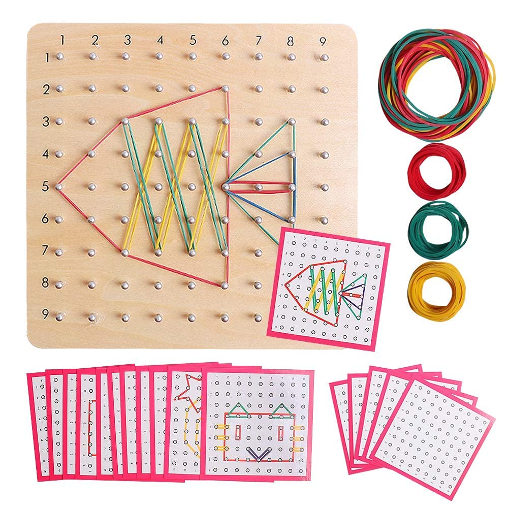 Skrtuan Wooden Geoboard with Rubber Bands, Montessori Educational Toy for Kids, Pattern Block Geo Board with Pattern Cards and Rubber Bands Create to Figures Shape STEM Puzzle Matrix Brain Teaser