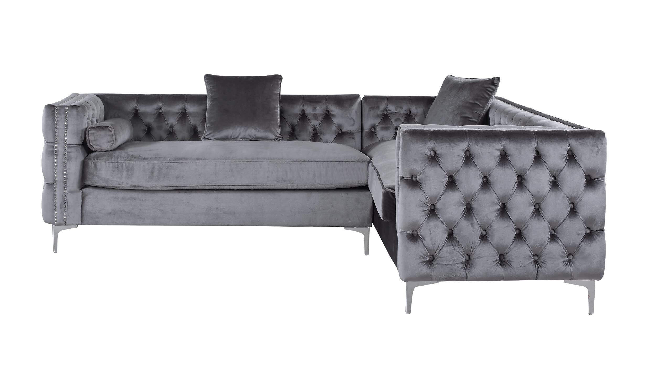 Iconic Home Mozart Elegant Velvet Modern Deeply Tufted with Silver Nailhead Trim Chrome Legs Right Facing Sectional Sofa, Grey