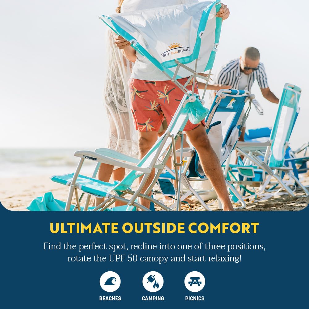 GCI Outdoor Sunshade Recliner Beach Chair | Collapsible Folding Canopy Shade Chair with Durable Armrests, Drink Holder & Portable Carry Bag, Perfect for Beach Trips & Picnics β Seafoam Green