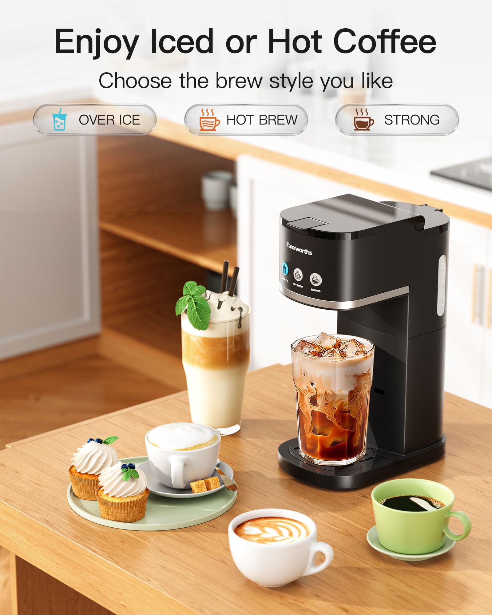 Famiworths Single Serve Coffee Maker, Iced and Hot Coffee Machine for K Cup & Ground Coffee, 6 to 16 Oz Brew Sizes, Fit 8.5" Travel Mug, Capsule Coffee Machine with Descaling Reminder, Blue