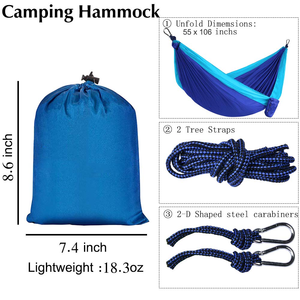 Camping Hammock, Double & Single Hammock with Bug Net/Mosquito, with Travel Portable Tree Straps and Carabiners, Easy Assembly, Lightweight Parachute Nylon Hammocks for Backpacking, Beach, Hiking