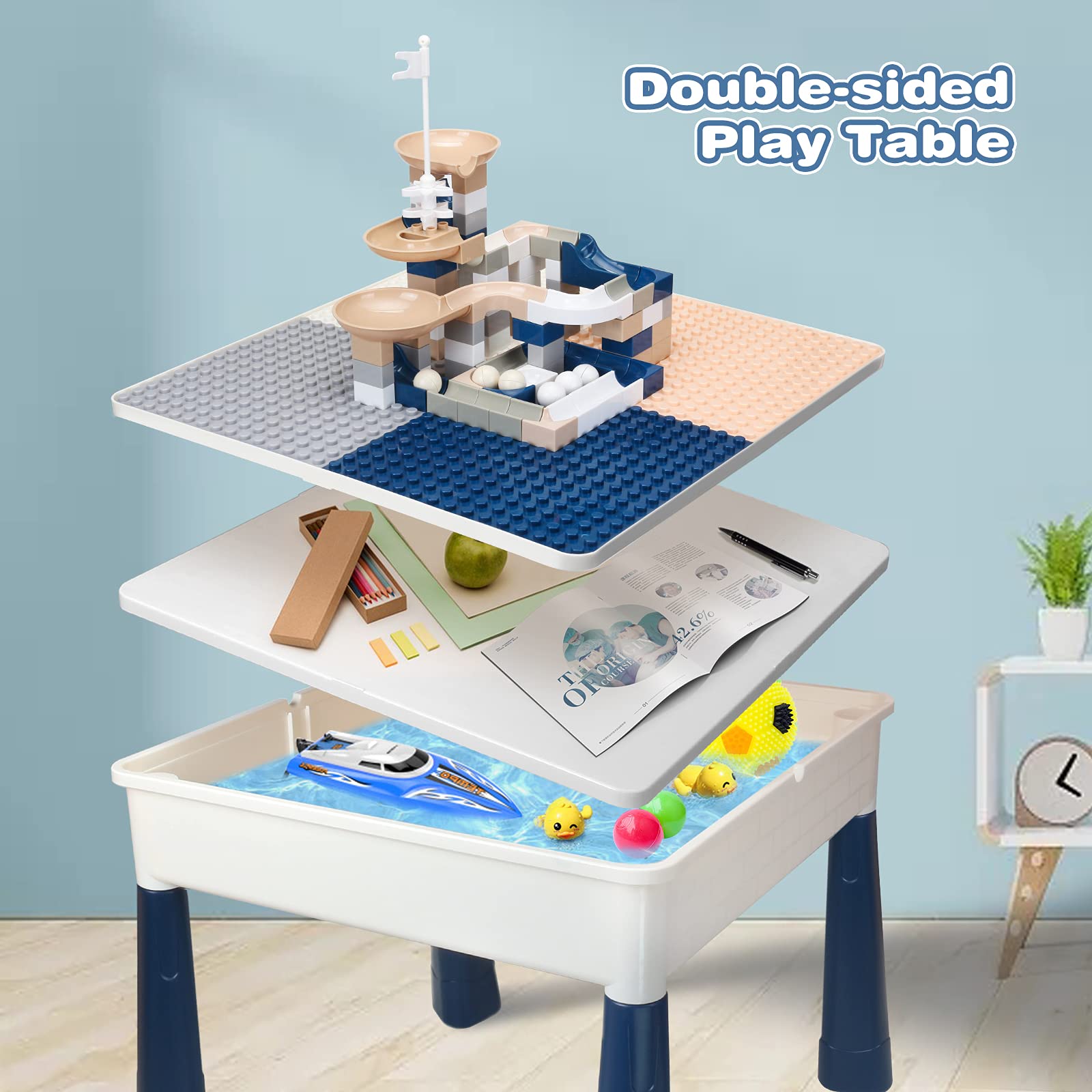KIDCHEER Kids Table and Chair Set with 100PCS Marble Run, Toddler Table All-in-One Multi Activity Playset, Toddler Building Blocks Toys for Learning & Playing, Water & Sand Game