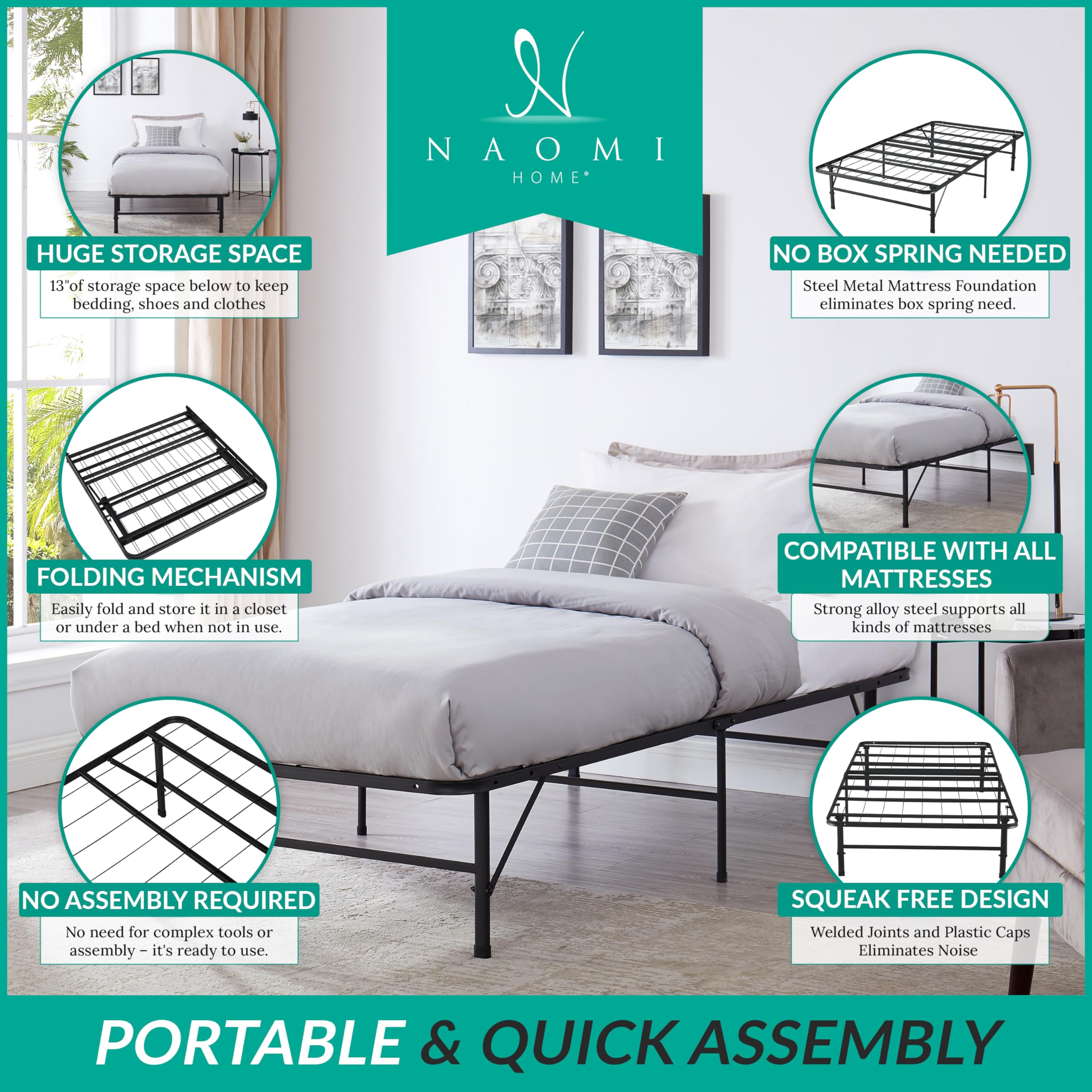IdealBase 14" Twin Bed Frame Heavy Duty Foldable Bed Frame Folding Bed Frame with Steel Metal Slats Mattress Foundation Box Spring Replacement 600lbs Capacity Platform Bed Twin Bed Frame Size, Black