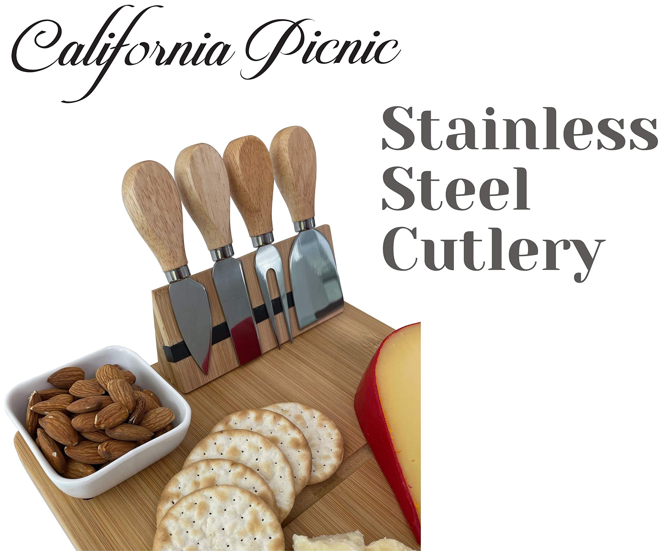 Cheese Board and Knife Set | Wine Board | Organic Bamboo Wood Charcuterie Platter Serving Board Cheese Tray with Cutlery | Perfect for Birthday, Housewarming & Wedding Gifts