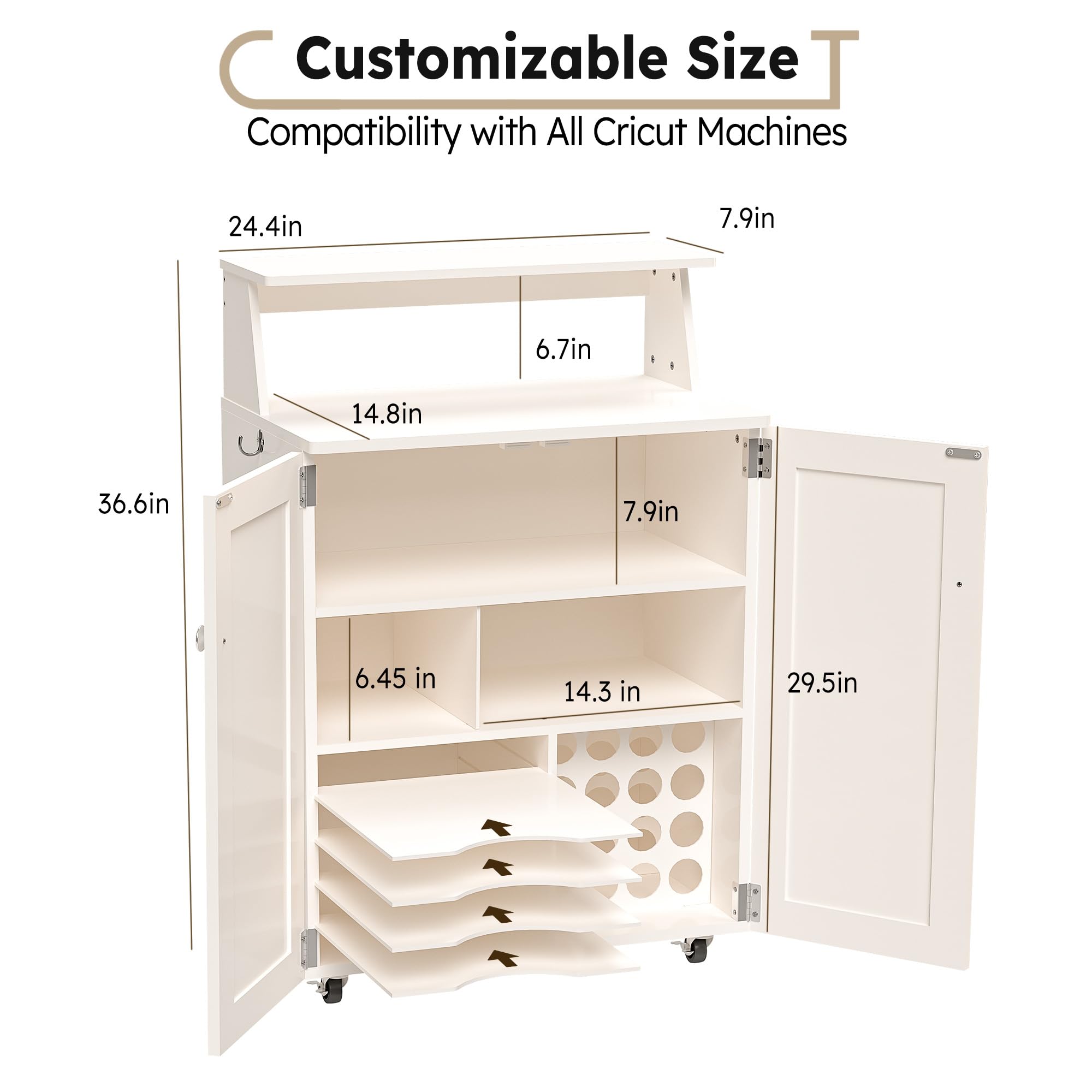 𝐂𝐫𝐚𝐟𝐢𝐭 Craft Cart Storage Cabinet Compatible with Cricut Machine, Rolling Crafting Table Furniture with Vinyl Roll Holder Organizer Desk Workstation for Craft Room Home Organization, Ivory