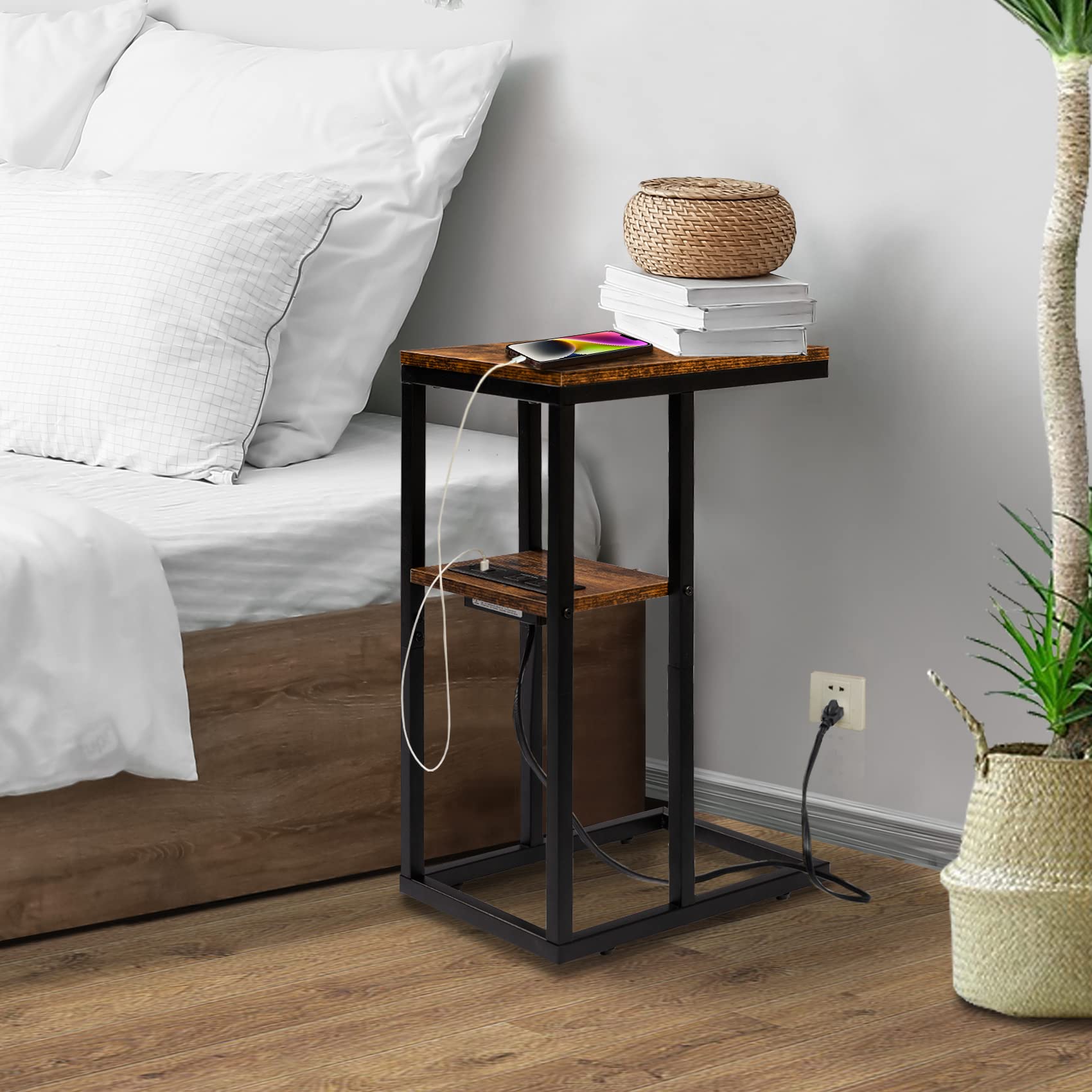 C Shaped Side Table With Charging Station End Tables With Usb Ports And Outlets Slim Skinny Narrow End Tables For Small Spaces Bedside Tables Couch Tables That Slide Under Sofa Tables For Bed Tray Tv