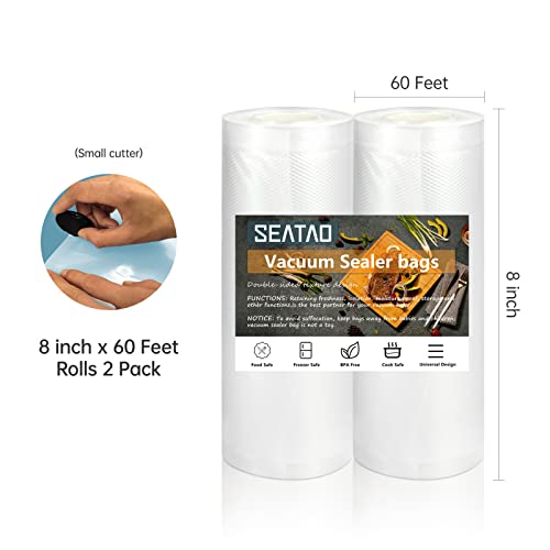 SEATAO Vacuum Sealer Bags,8“ X 60' Rolls 2 Pack for Food Saver, Seal a Meal, Bpa Free,commercial Grade, Great for Vac Storage, Meal Prep or Sous Vide