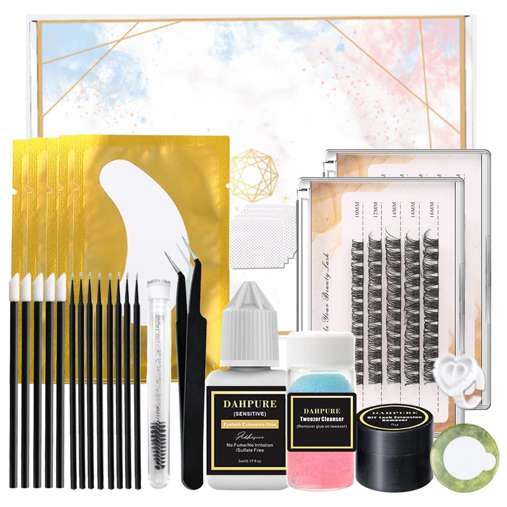 DAHPURE Strong Hold DIY Lash Extension Kit,No Irritation Long-lasting, Senstitive Lash Extension Glue,DD Curl Mixed Cluster Lashes, Lashes Applicator,Lash Extension Remover,Clean Tools All Included