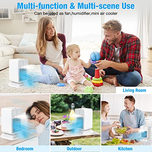 Portable Air Conditioner, 4 IN 1 Evaporative Air Cooler, Personal Mini Air Cooler with 3 Wind Speeds and 3 Cool Mist & 2-4H Timer, 90°Rotation Desktop Cooling Fan for for Home Room Camping Car Office