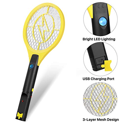 Flexzion Electric Mosquito Zapper Racket 17" Electric Rechargeable Bug Swatter USB Charging, for Bedroom Patio Bites Yard Boat Camping Car Decks Indoor Outdoor - Yellow