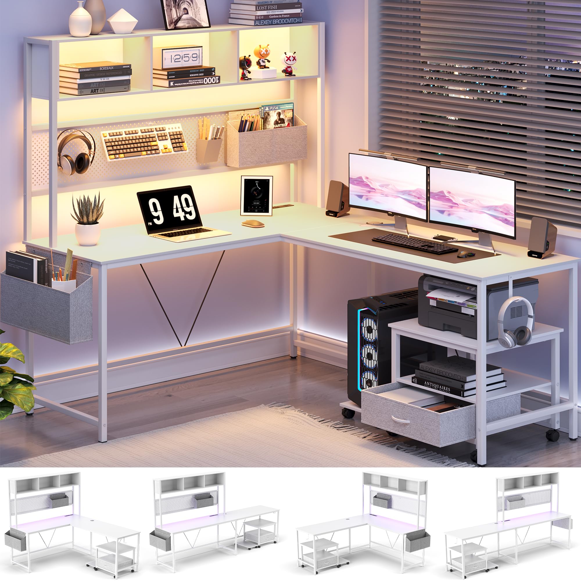 Dowinx L Shaped Desk with Pegboard and Removable Filing Cabinet, Reversible 67β Computer Gaming Desk with Power Outlet and Led, Office Corner Desk with Storage for Home Game, White