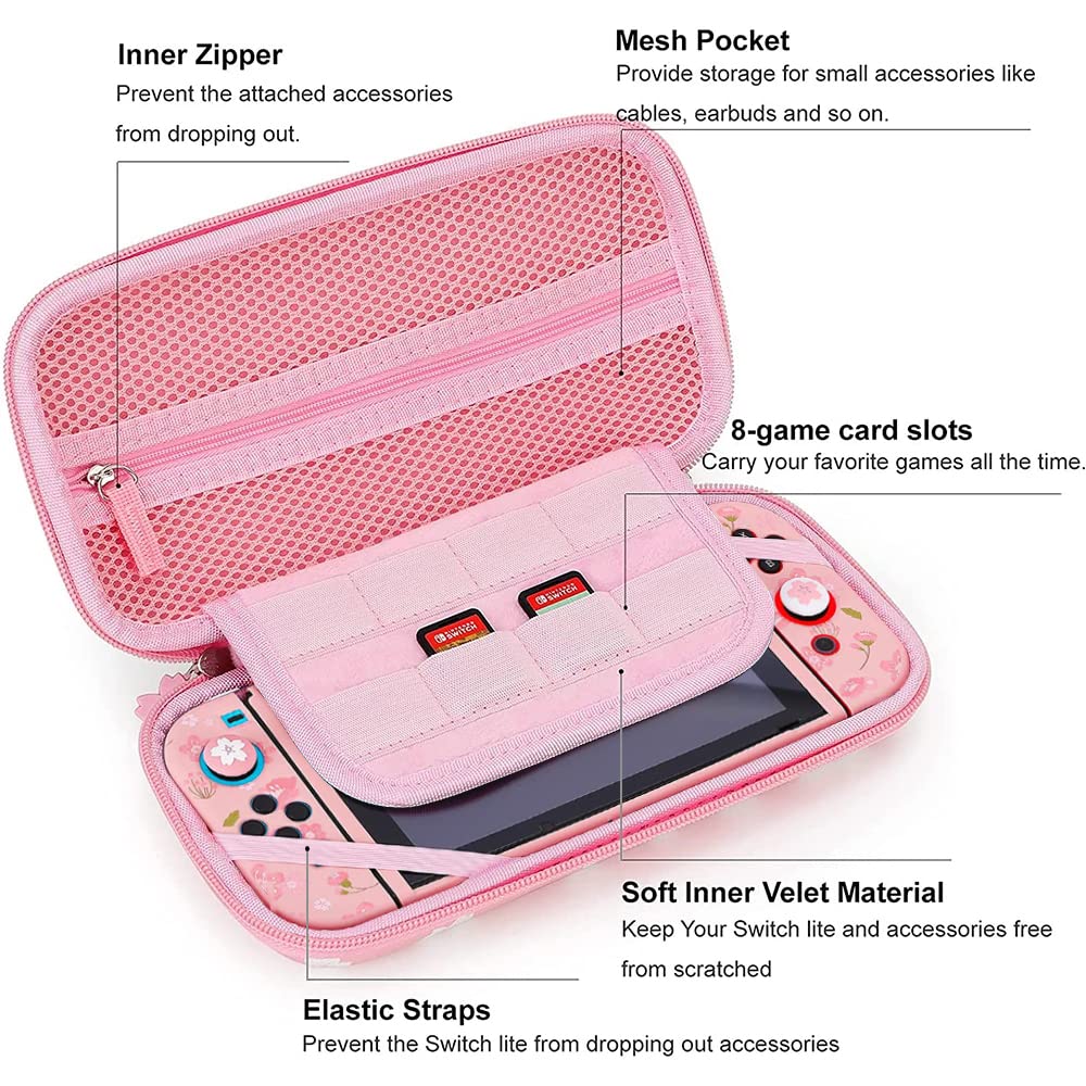 Carrying Case for Nintendo Switch & OLED, Pink Cute Sakura Portable Hard Shell Travel Storage Bag for Switch Game Accessories, With Wrist Strap & Shoulder Strap