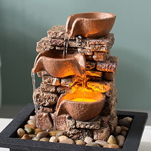 Haobos Indoor 3-Tier Rockery Relaxation Tabletop Fountain Soothing Sound Home/Office Decor Relaxing Waterfall Meditation Tabletop Fountain LED Lights