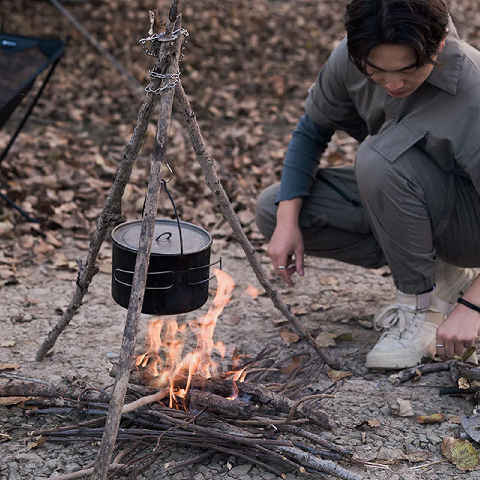 Camping Tripod Board, YOUEBGE Outdoor Cooking Tripod, Turn Branches into Campfire Tripod, Portable Camping Gadget with Adjustable Chain for Picnic Hanging Pot Cookware Accessory with Storage Bag