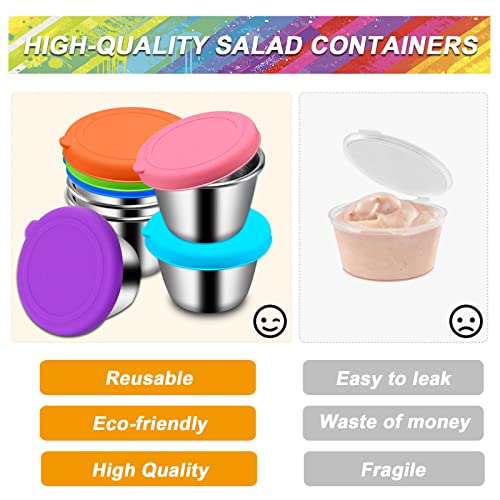 Frenflu Salad Dressing Container To Go, 6 X1.6oz Salad Container For Lunch, Stainless Steel Condiment Containers With Lids, Reusable Salad Dressing Container