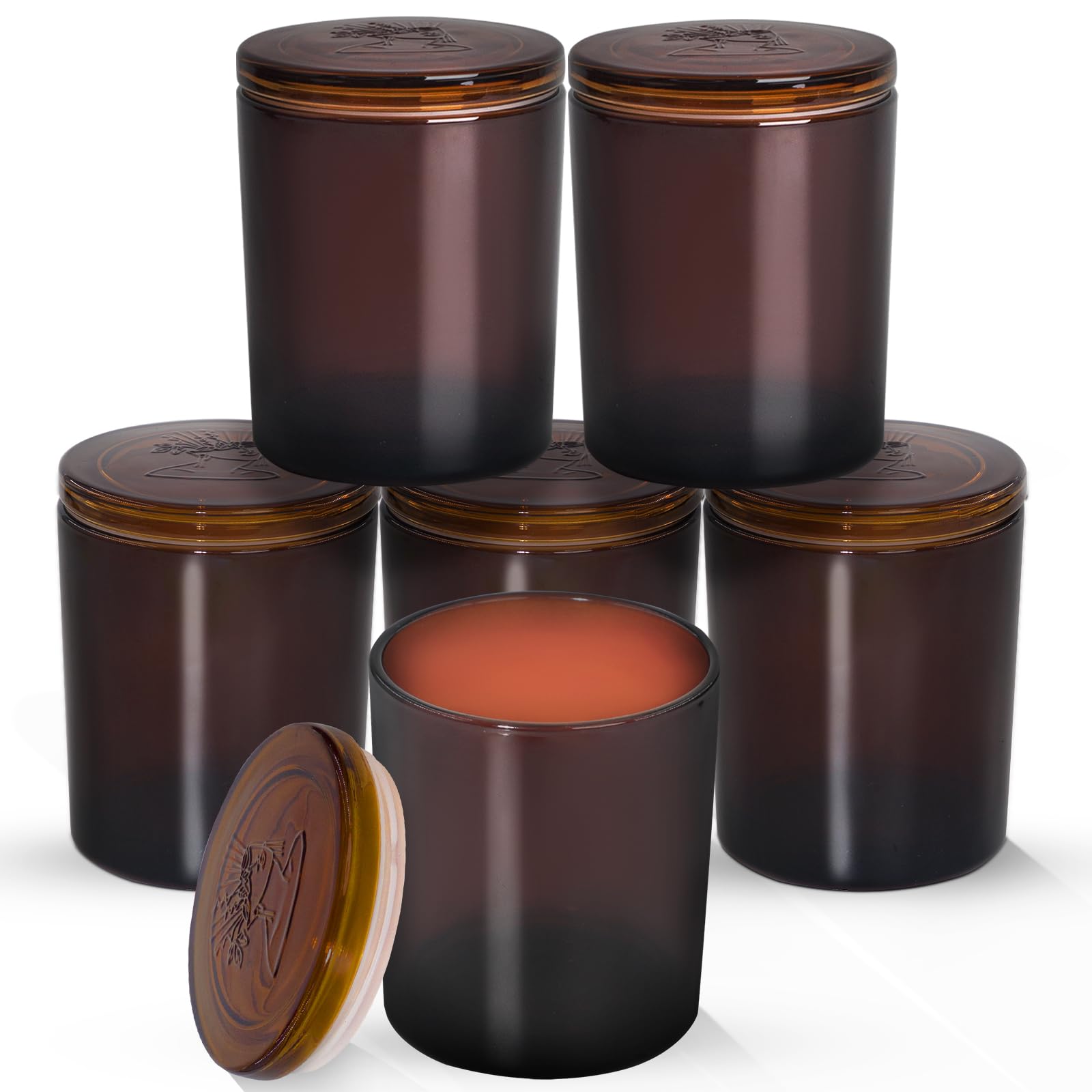 DRUNKEN 6 Pack Round Glass Candle Jars, 14.4oz Amber Empty Candle Container Tins with Glass Lids, Bulk Candle Containers Jars for Making Candles - Dishwasher Safe…