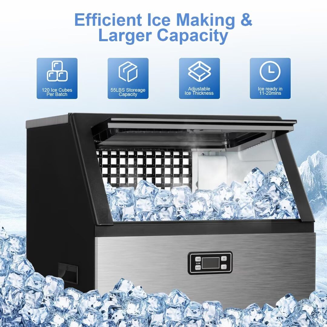 Kismile Commercial Ice Maker, Freestanding Nugget Ice Maker 200lbs/24h, 55lbs Storage Bin, Full Heavy Duty Stainless Steel Construction, Ice Maker Machine for Home Bar, Coffee Shop, Business
