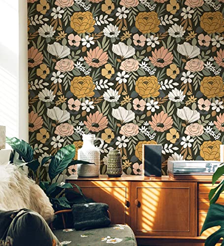 HAOKHOME 93217 Vintage Large Floral Peel and Stick Wallpaper Removable Daisy Leaf Black/Sand/Oliva Vinyl Self Adhesive Mural 17.7in x 9.8ft