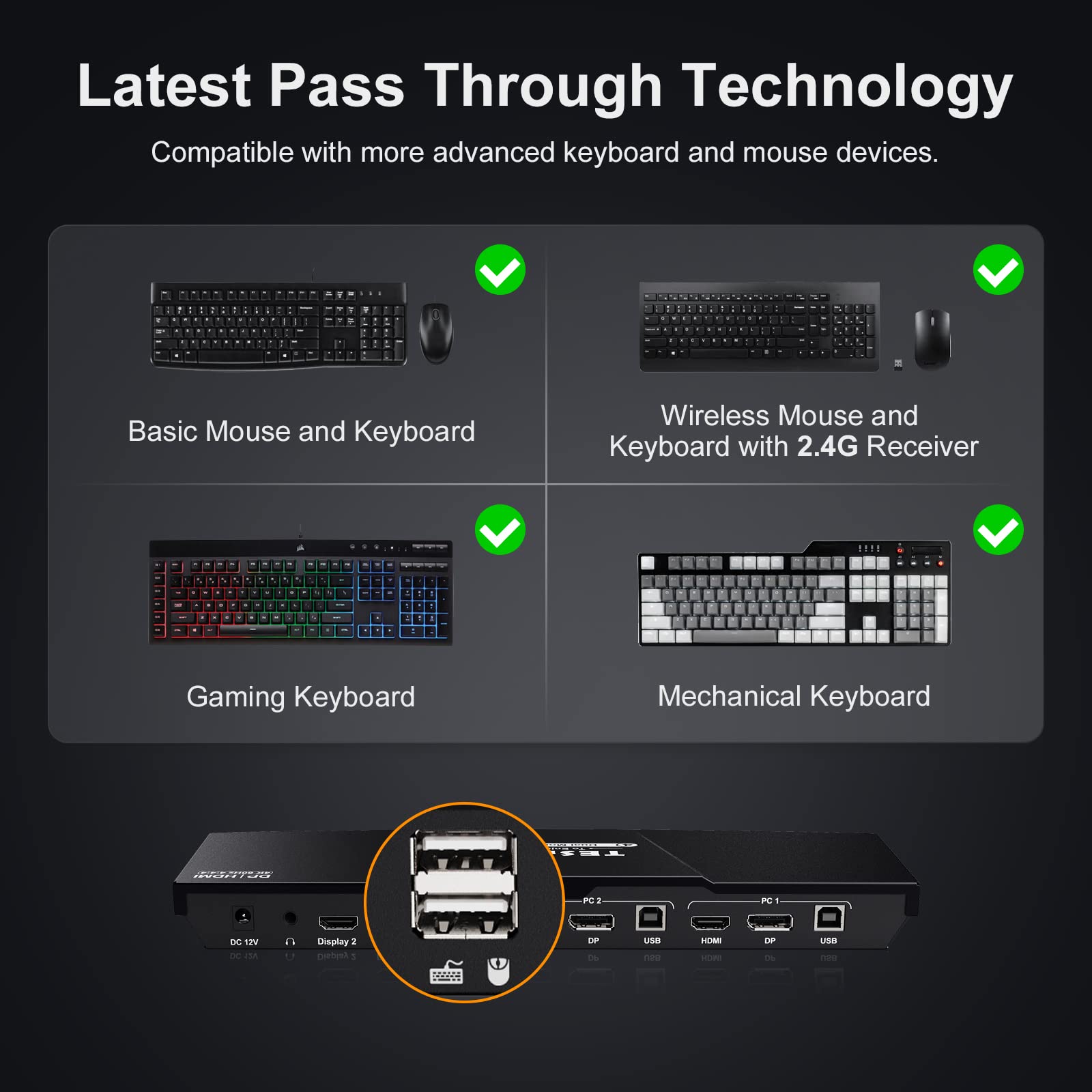 DisplayPort and HDMI KVM Switch 2 Monitors 2 Computers, TESmart 4 Port Dual Monitor KVM Switcher, 4K@60Hz, L/R Out, Keyboard Mouse PC Selector Box with All Input Cables (Black)