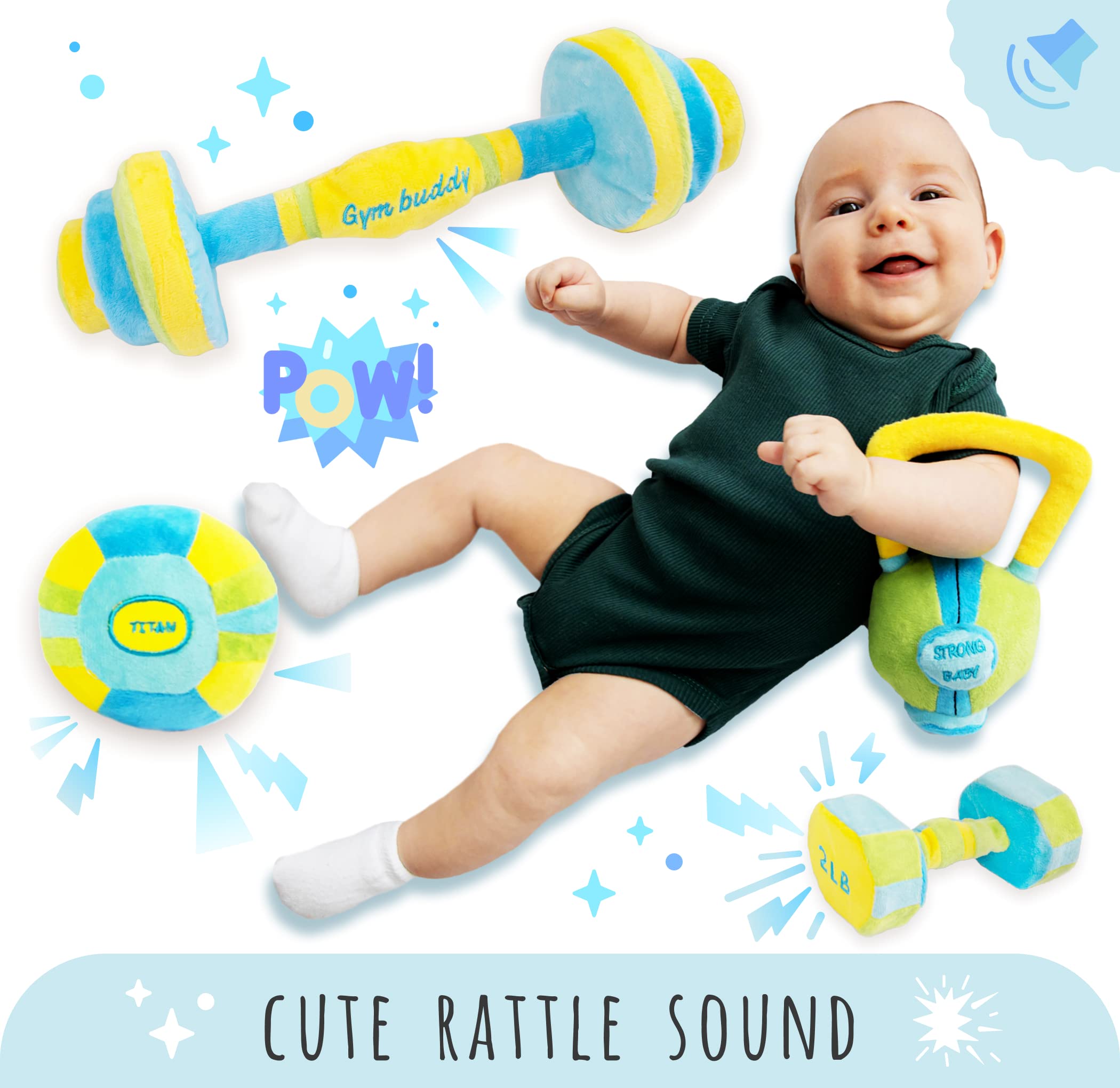 Skywin Baby Workout Toys Fit Training - Baby Shower Set of 4 Soft, Durable and Safe Plush Baby Rattle Toys for Ages 0+