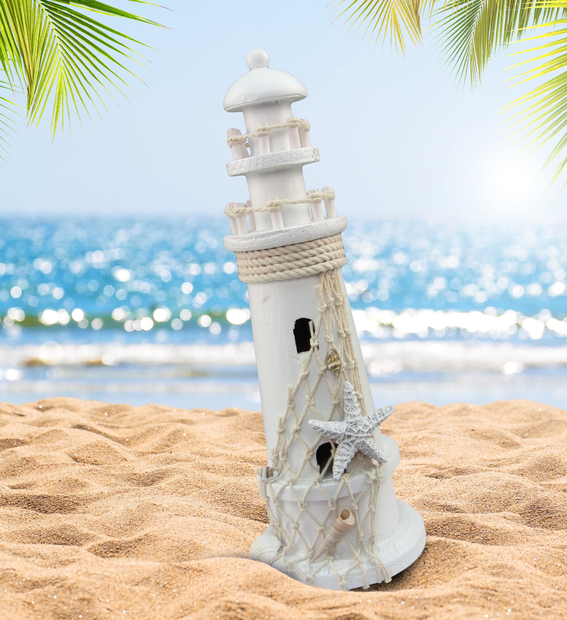 Puzzled COTA Global White Lighthouse Decor - Handmade and Crafted Wooden Lighthouse Decoration with Starfish and Fish Net, Decorative Beach Style Tabletop Centerpiece - 11 Inches