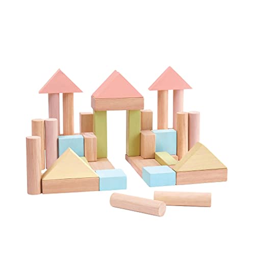 PlanToys 40 Piece Unit Block Building and Construction Block Set (5507) | Pastel Color Collection |Sustainably Made from Rubberwood and Non-Toxic Paints and Dyes