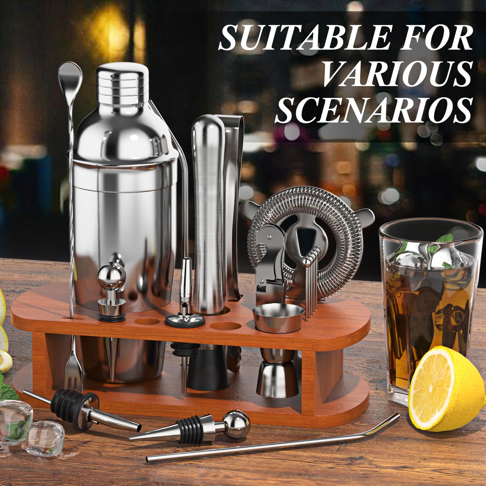 Carsolt Cocktail Shaker Set with Bamboo Stand, 26-Pieces Bartender Kit 25 oz Martini Bar Tools Set for Drink Mixing, Professional Stainless Steel Bar Tools Set Gift for Home, Bar, Party