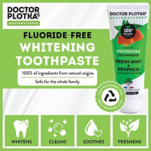 Dr Plotkas Natural Fluoride Free Whitening Toothpaste by Mouthwatchers | Organic Propolis and Fresh Organic Mint | Sensitive Teeth and Gums | 3 Oz. Tube