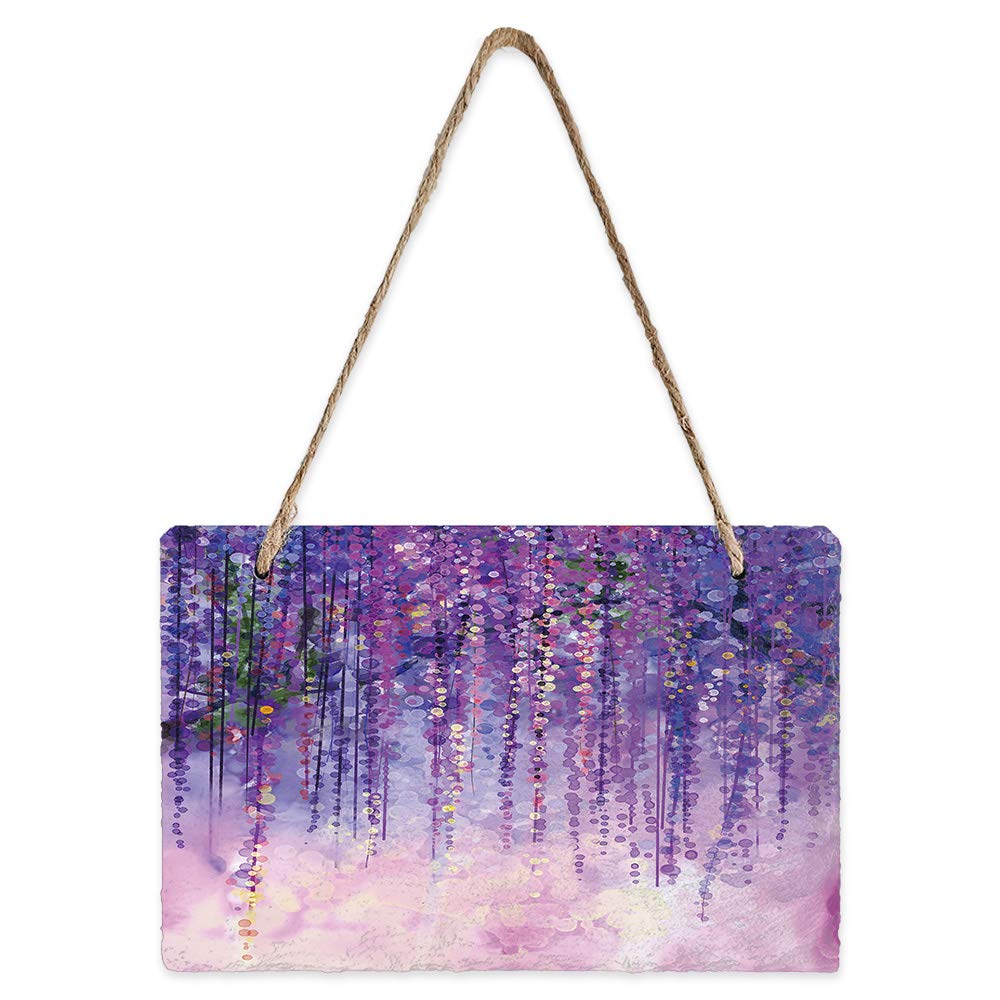 Slate Hanging Wall Sign Wisteria Floral Wall Plaque Wood Signs with Rope Purple Watercolor DIY Hanging Door Sign for Front Porch/Entryway/Outdoor/Garden Home Decor, 8x5inch