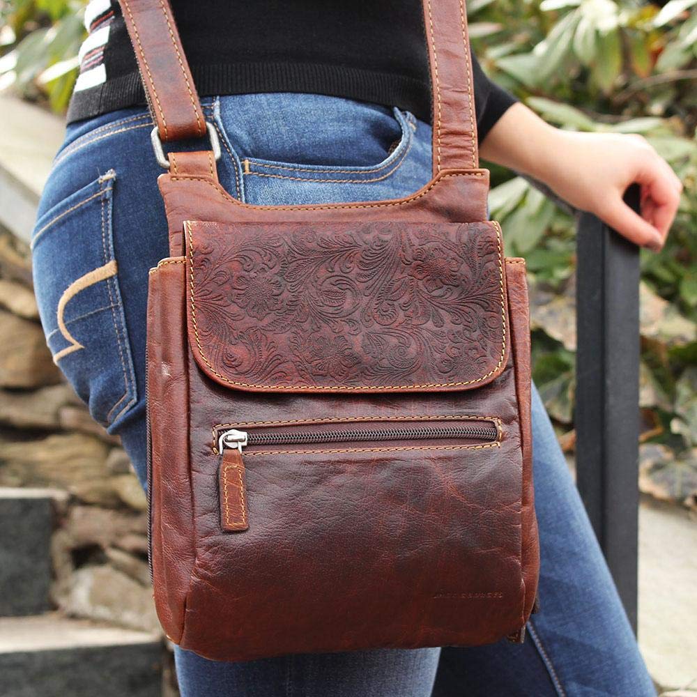 Jack Georges Women's Voyager Floral Slim Crossbody in Buffalo Leather #FL831 (Brown)