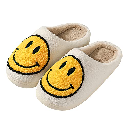 Happy Face Slippers for Women Soft Plush Comfy Warm Couples Slides Home Slippers Non-Slip Flat Slipper for Indoor Outdoor